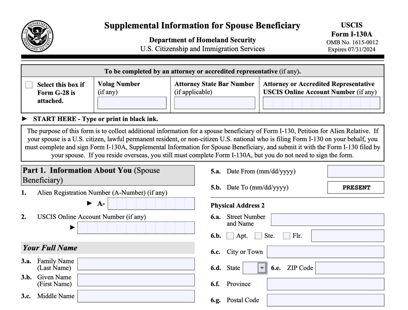 Form I-130A: Supplemental Information for Spouse Beneficiary