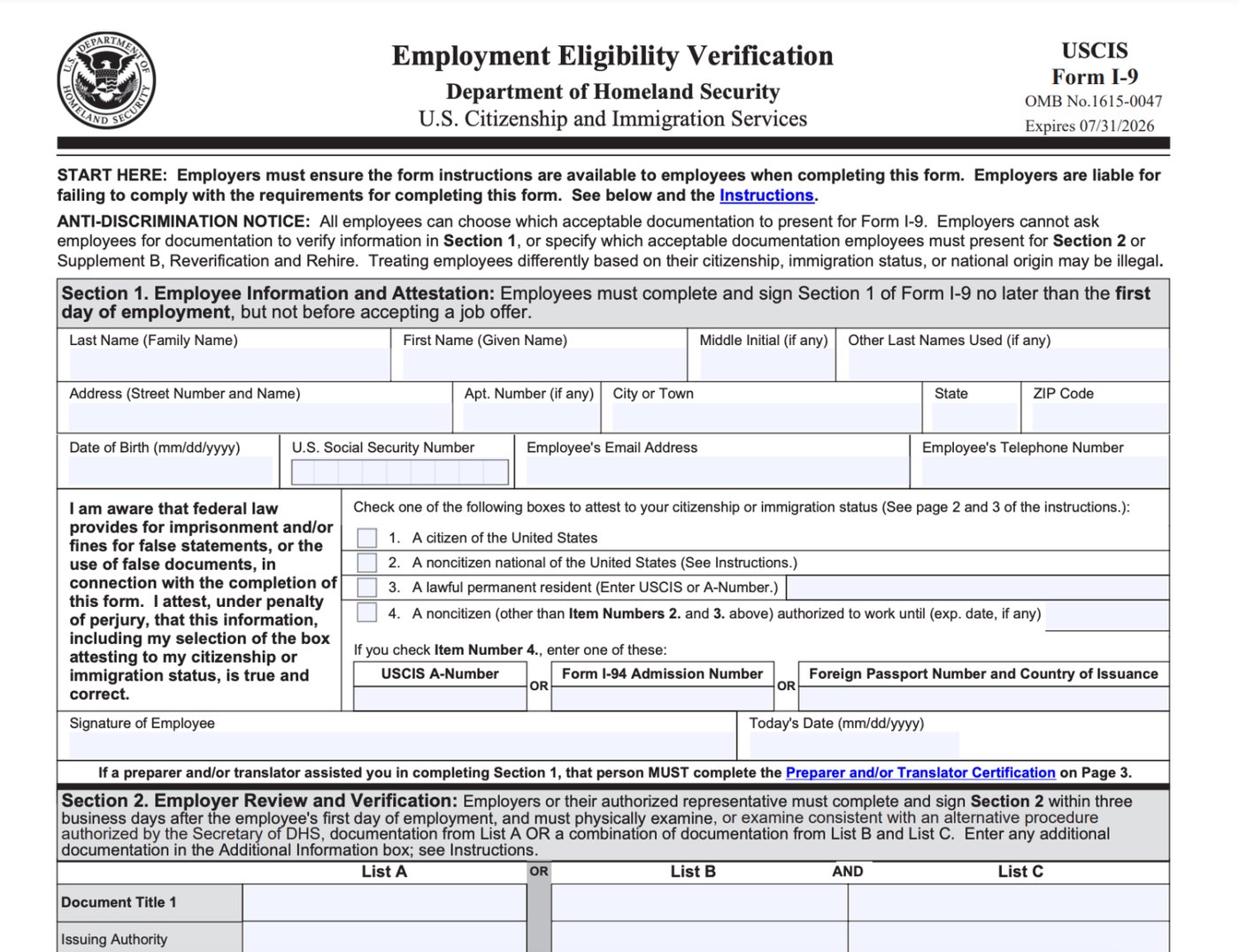 Immigration Form I-9, Explained: Employment Eligibility Verification